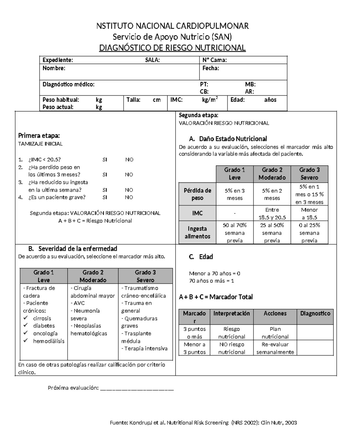 NRS2002 - NSTITUTO NACIONAL CARDIOPULMONAR Servicio de Apoyo Nutricio ...