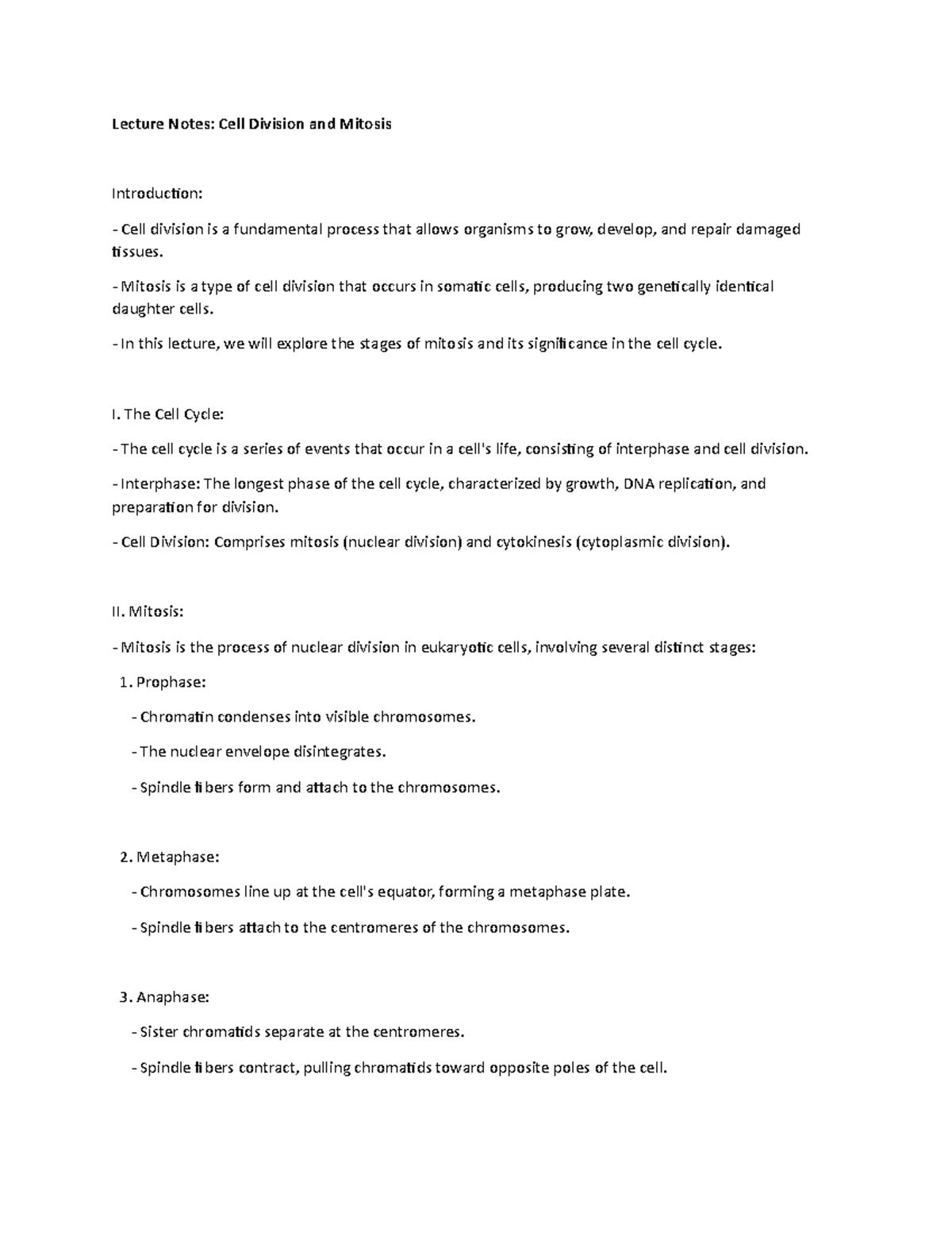 Lecture Notes: Cell Division and Mitosis - Lecture Notes: Cell Division ...