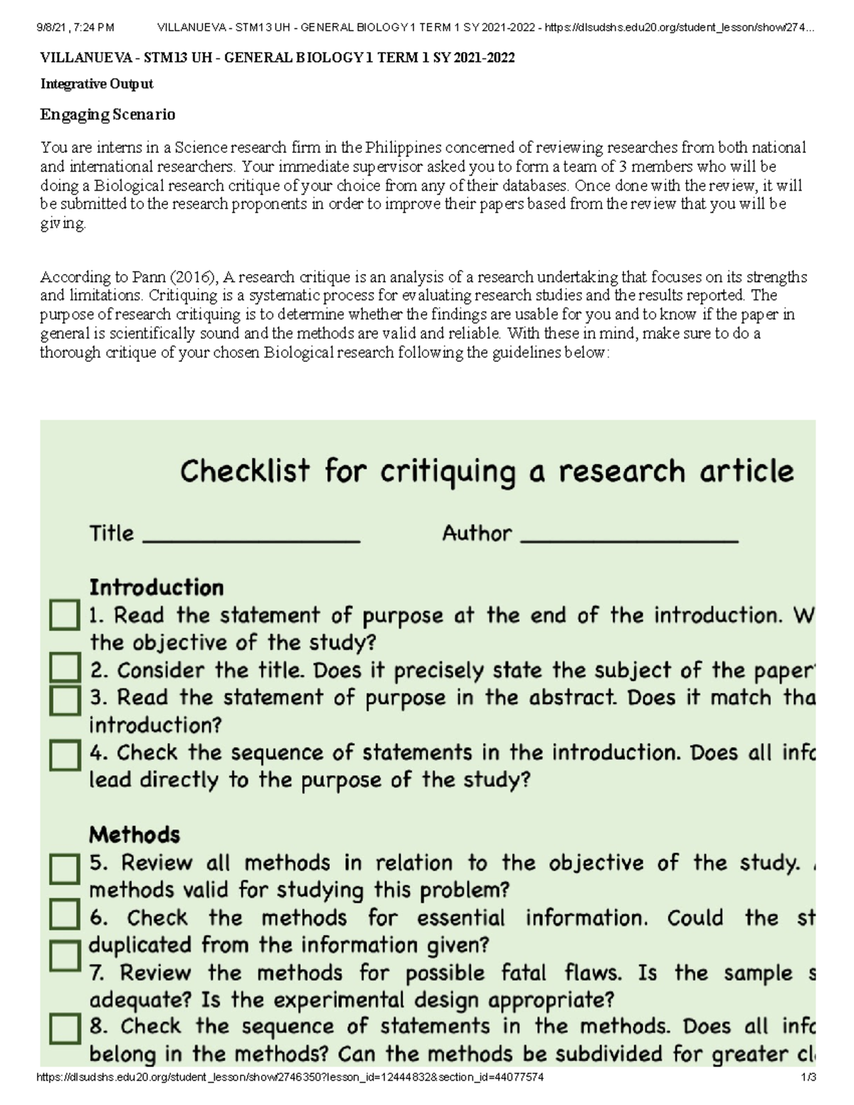 Gen bio critique - HMHMGJHM - 9/8/21, 7:24 PM VILLANUEVA - STM13 UH ...