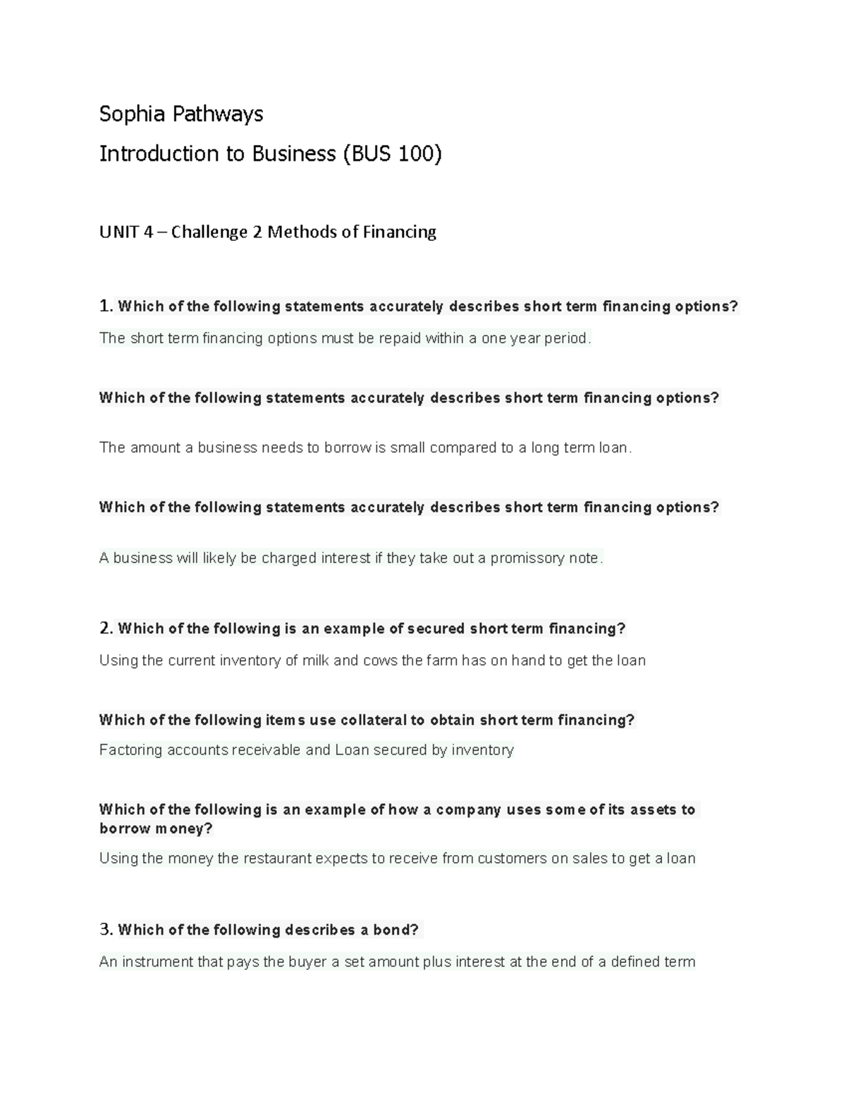 BUS 100 Unit 4 Challenge 2 - Sophia Pathways Introduction to Business ...