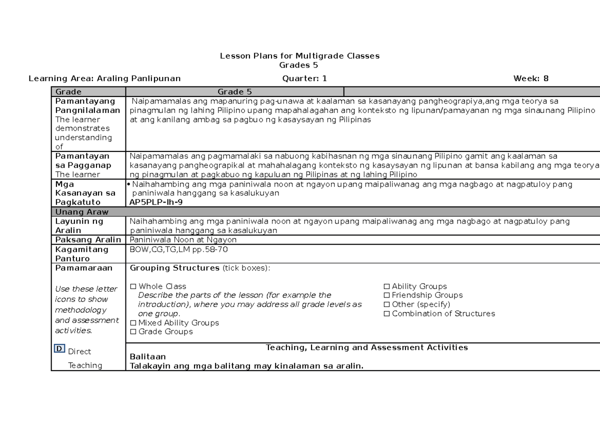 AP5 Q1 W8 - EDUCATION - Lesson Plans for Multigrade Classes Grades 5 ...