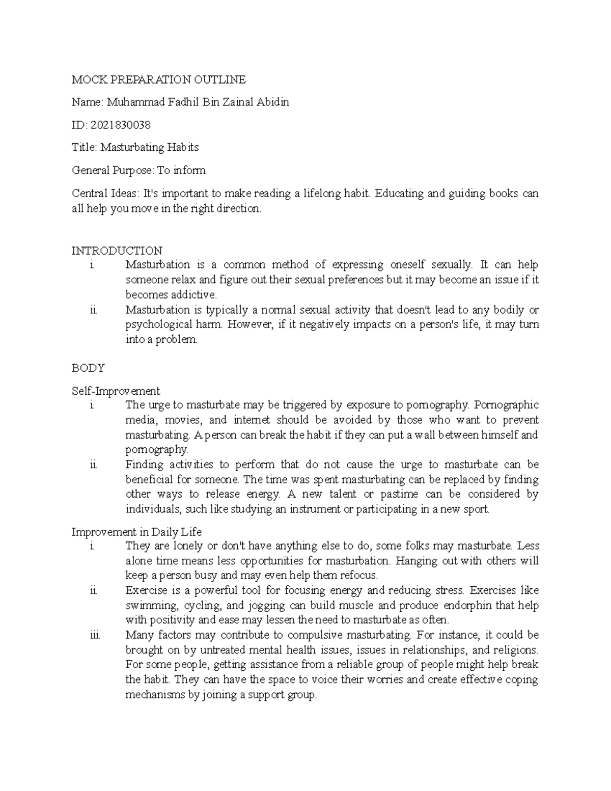 Actual Preparation Outline - MOCK PREPARATION OUTLINE Name: Muhammad ...