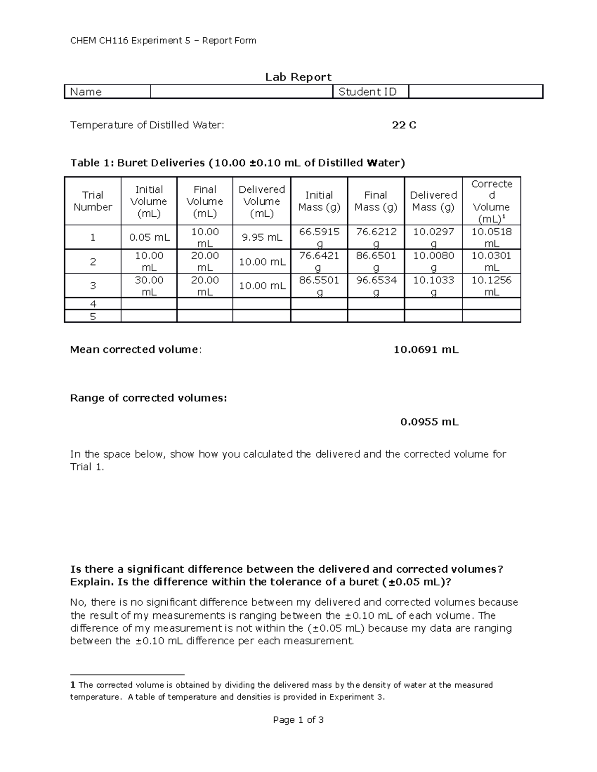 CHEM CH116 Experiment 5 -Report Form and Scanned Lab Notebook - CHEM ...