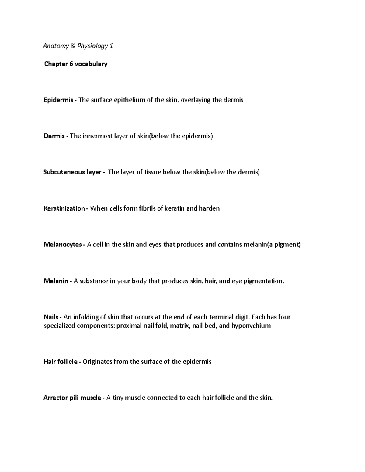Ch.6 vocab A+P - Anatomy & Physiology 1 Chapter 6 vocabulary Epidermis ...