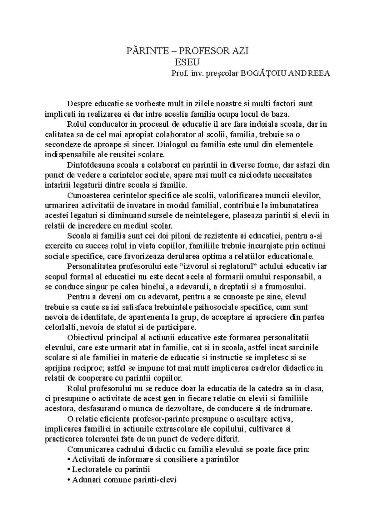 Eseu final Bogatoiu Andreea - PĂRINTE – PROFESOR AZI ESEU Prof. înv ...