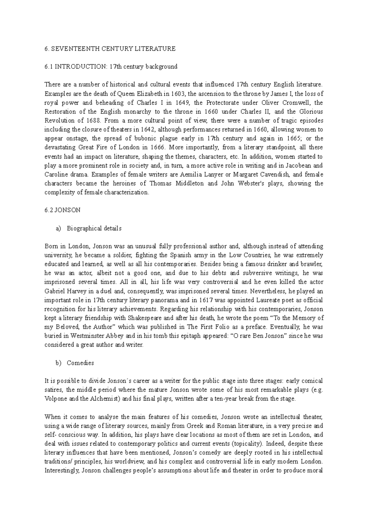 6. Seventeenth Century Literature - Literatura Del Renacimiento Inglés - UA - Studocu