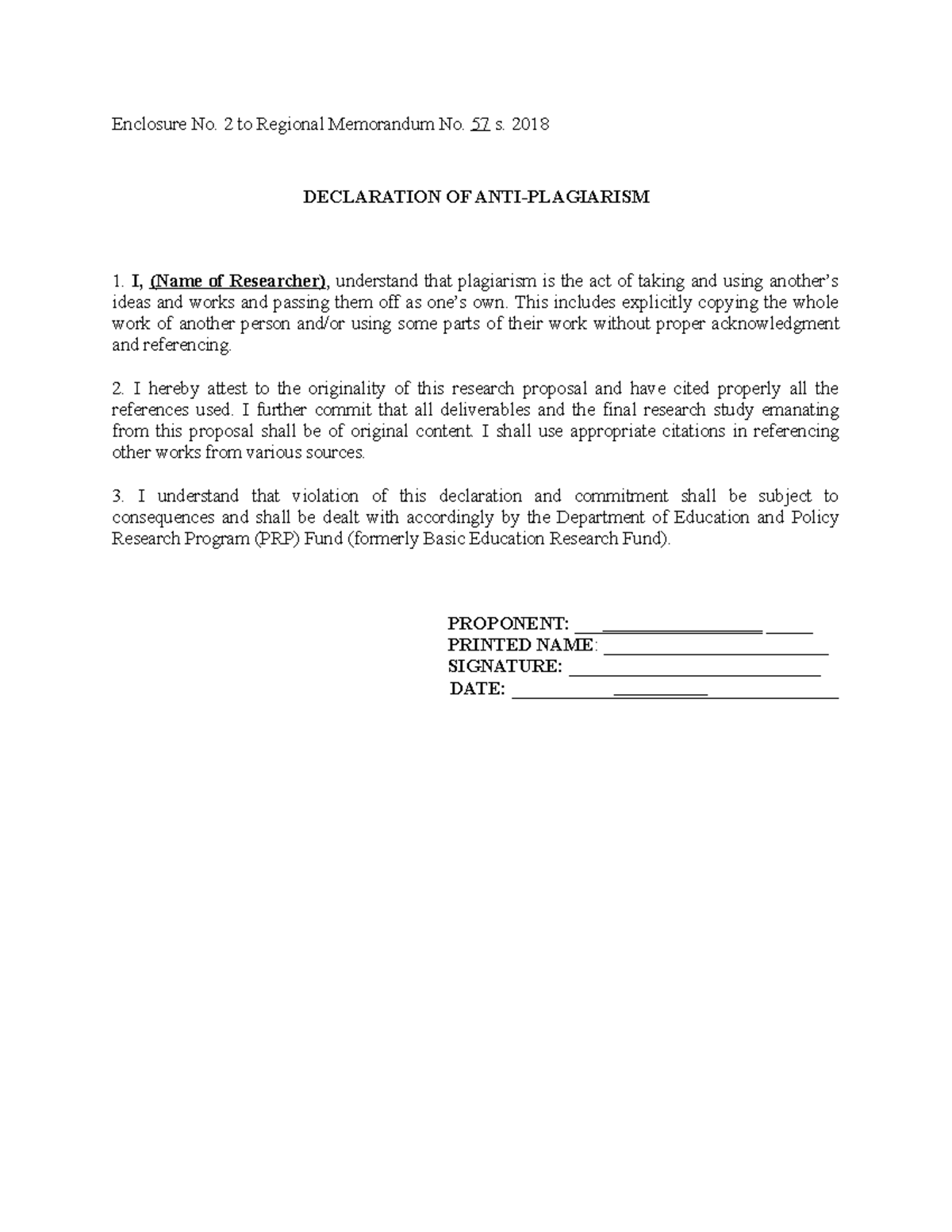 Declaration of Anti Plagiarism - Enclosure No. 2 to Regional Memorandum ...