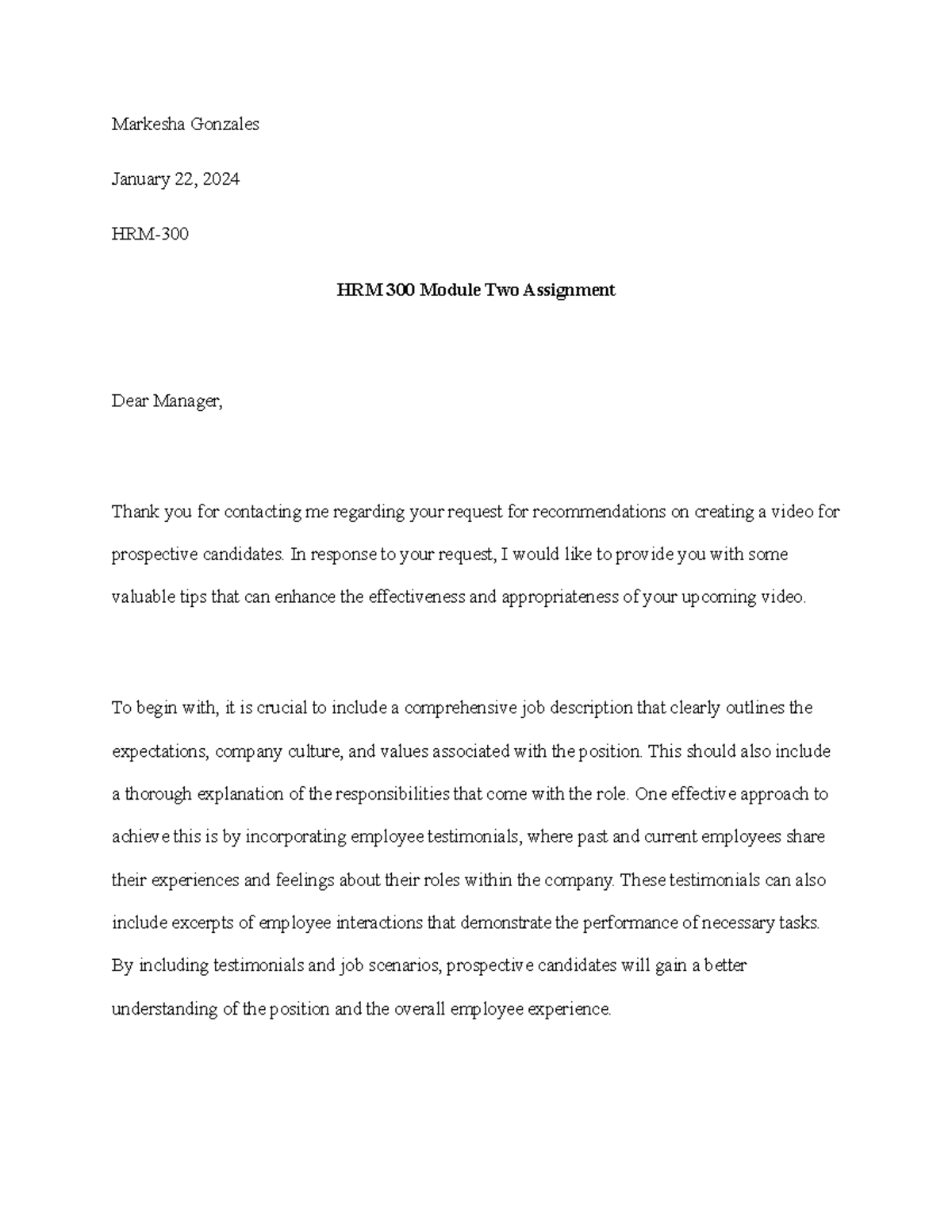 2-1 Assignment HR Inbox - Markesha Gonzales January 22, 2024 HRM- HRM ...