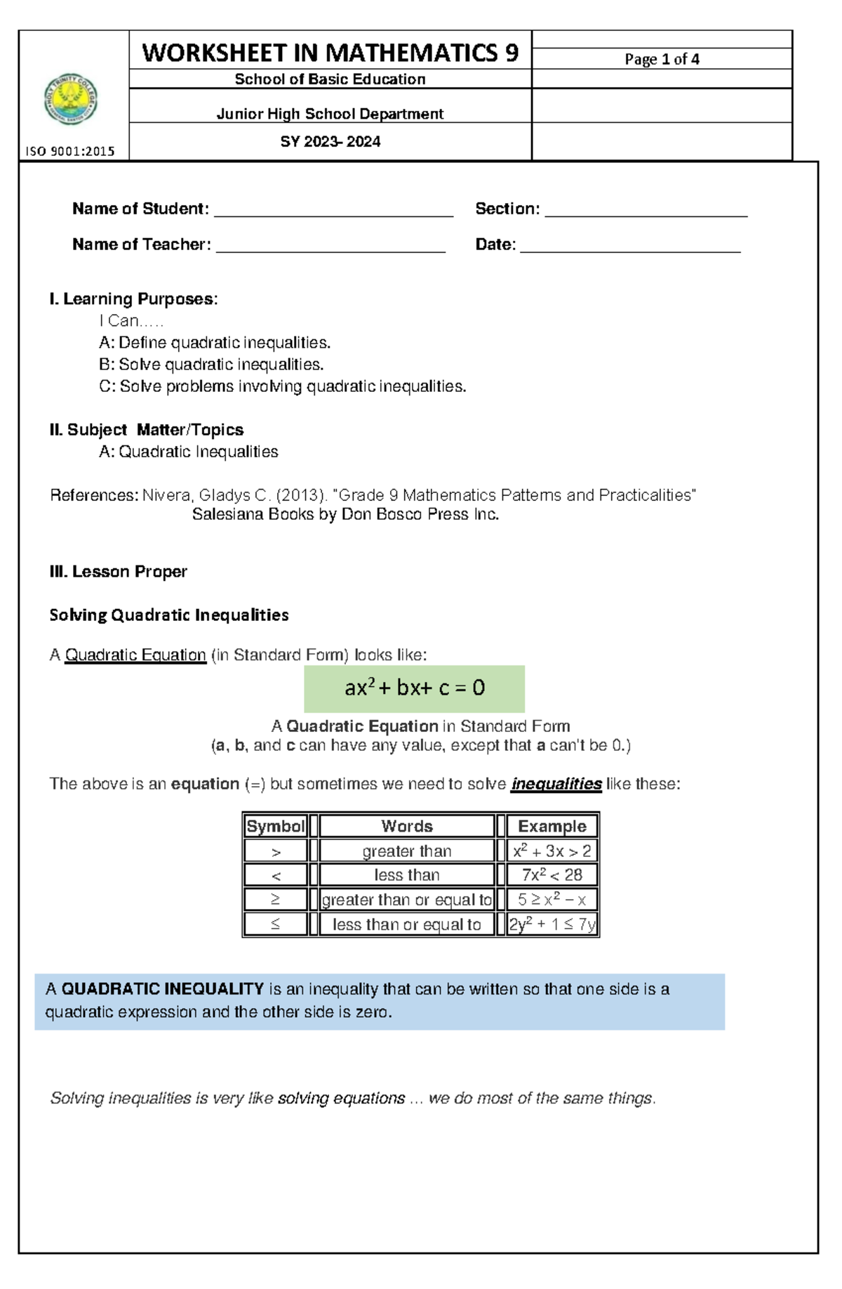 Grade 9 MATH Worksheet - ISO 9001:20 15 School of Basic Education ...
