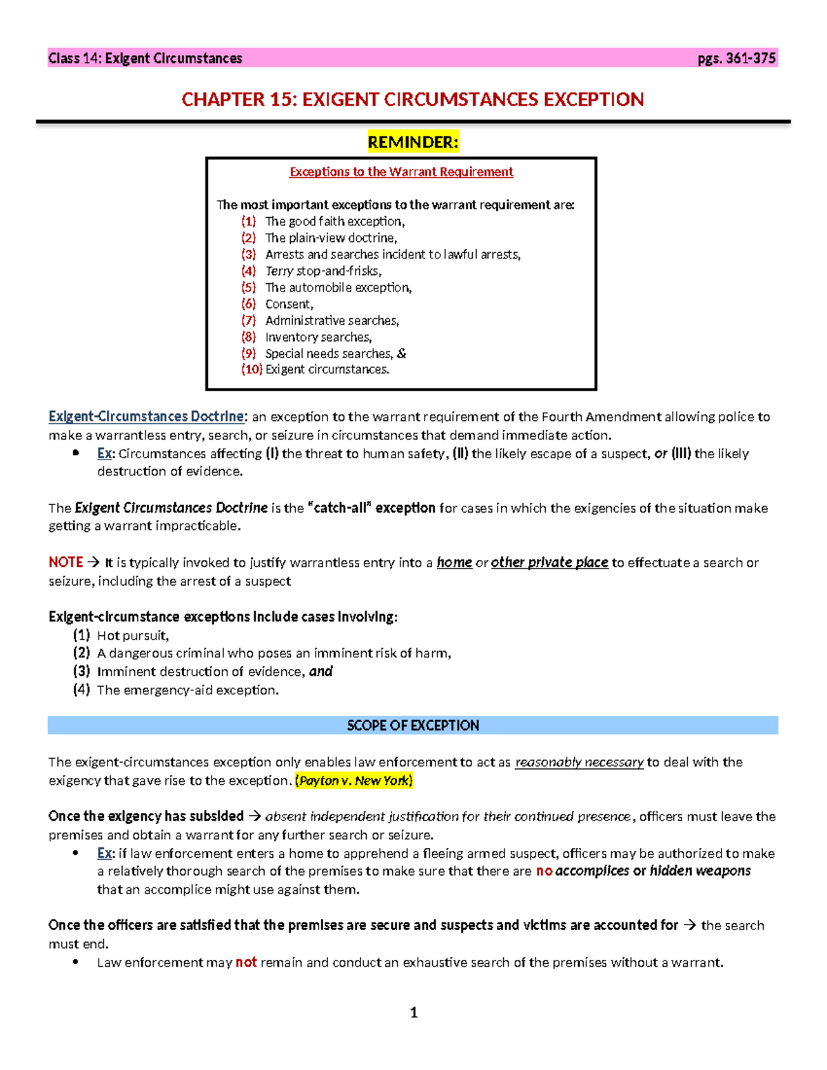 Class 14 Crim Pro - Notes - Class 14: Exigent Circumstances pgs. 361 ...