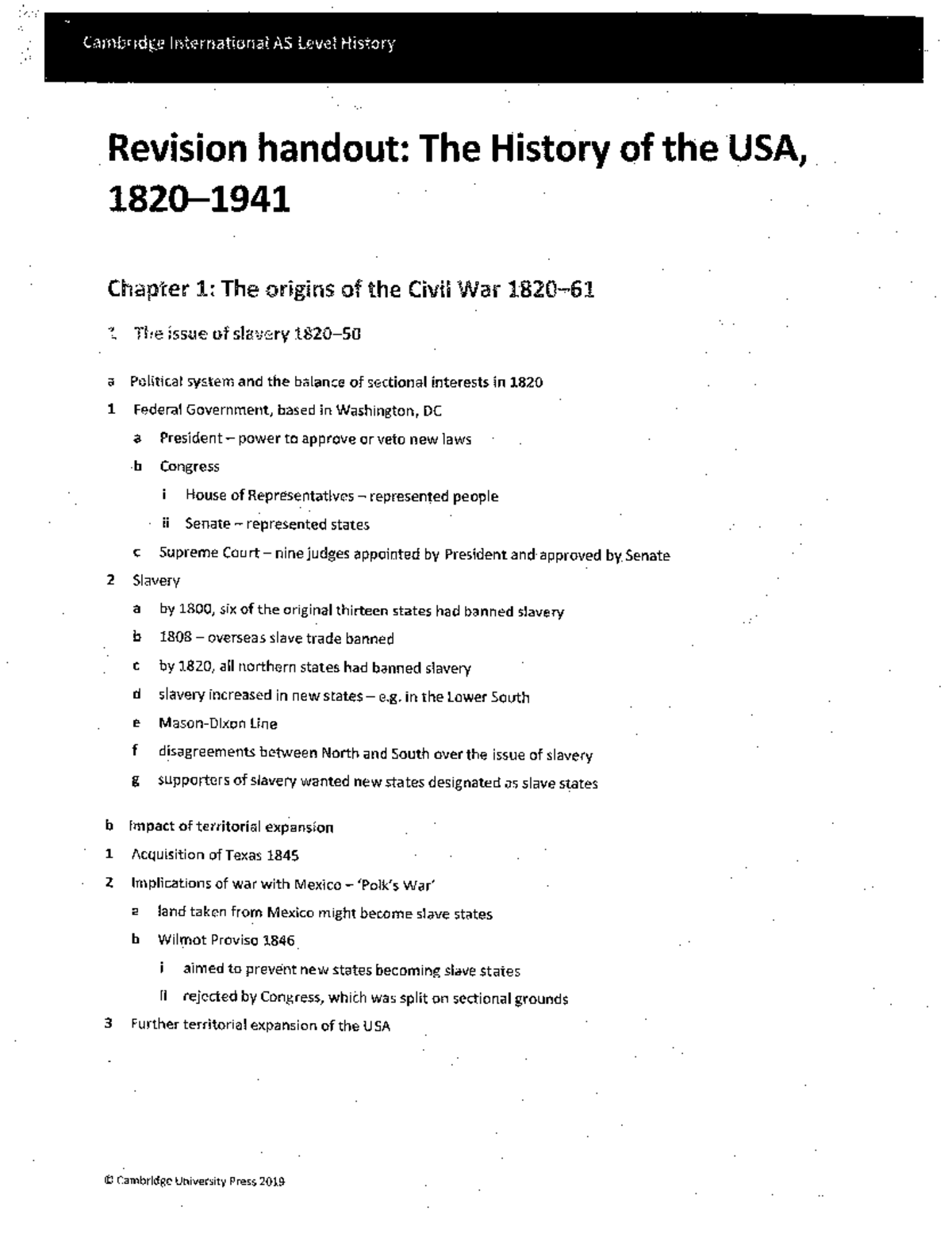 Revision Handout Origins of the Civil War - Cambridge International AS ...