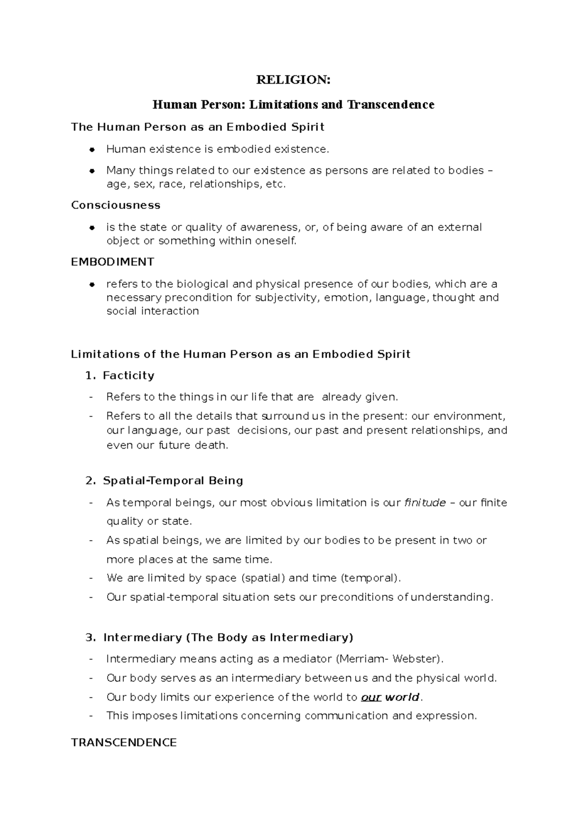 Religion L6 - Human Person: Limitations and Transcendence - RELIGION ...