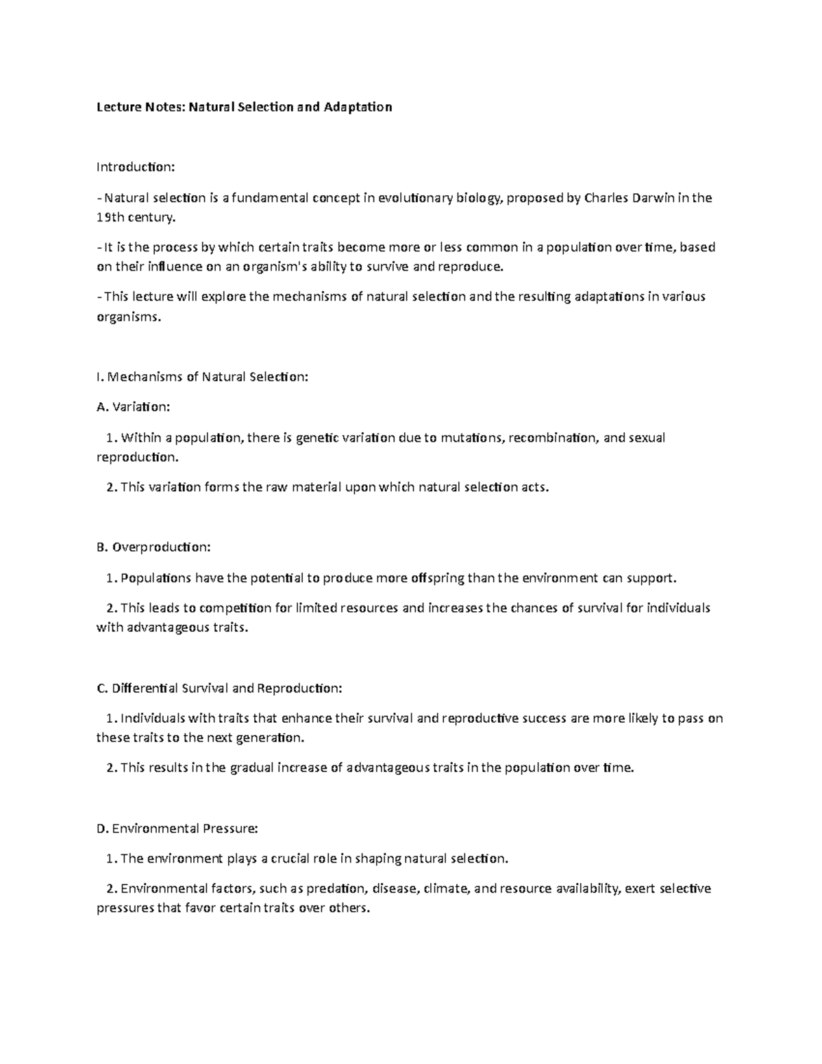 Lecture Notes: Natural Selection and Adaptation - Lecture Notes ...