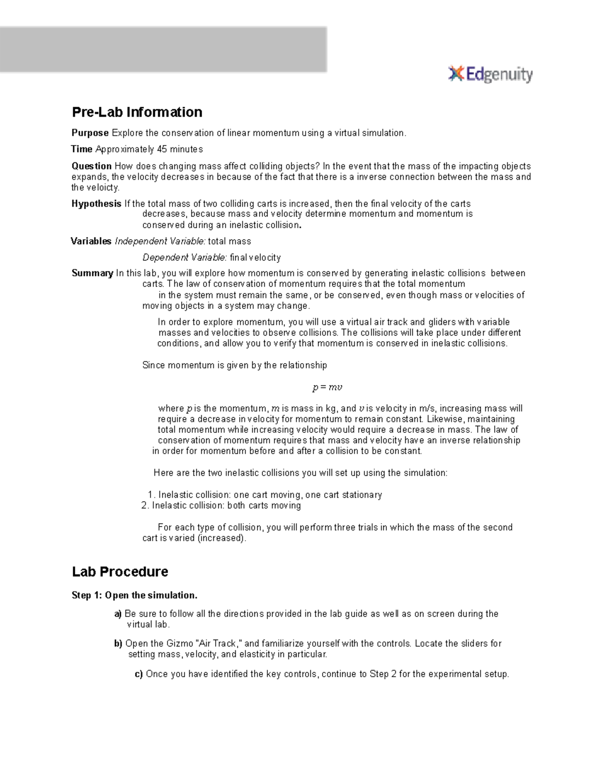 9 Conservation Of Linear Momentum Lab Student Guide 2 Virtual Lab