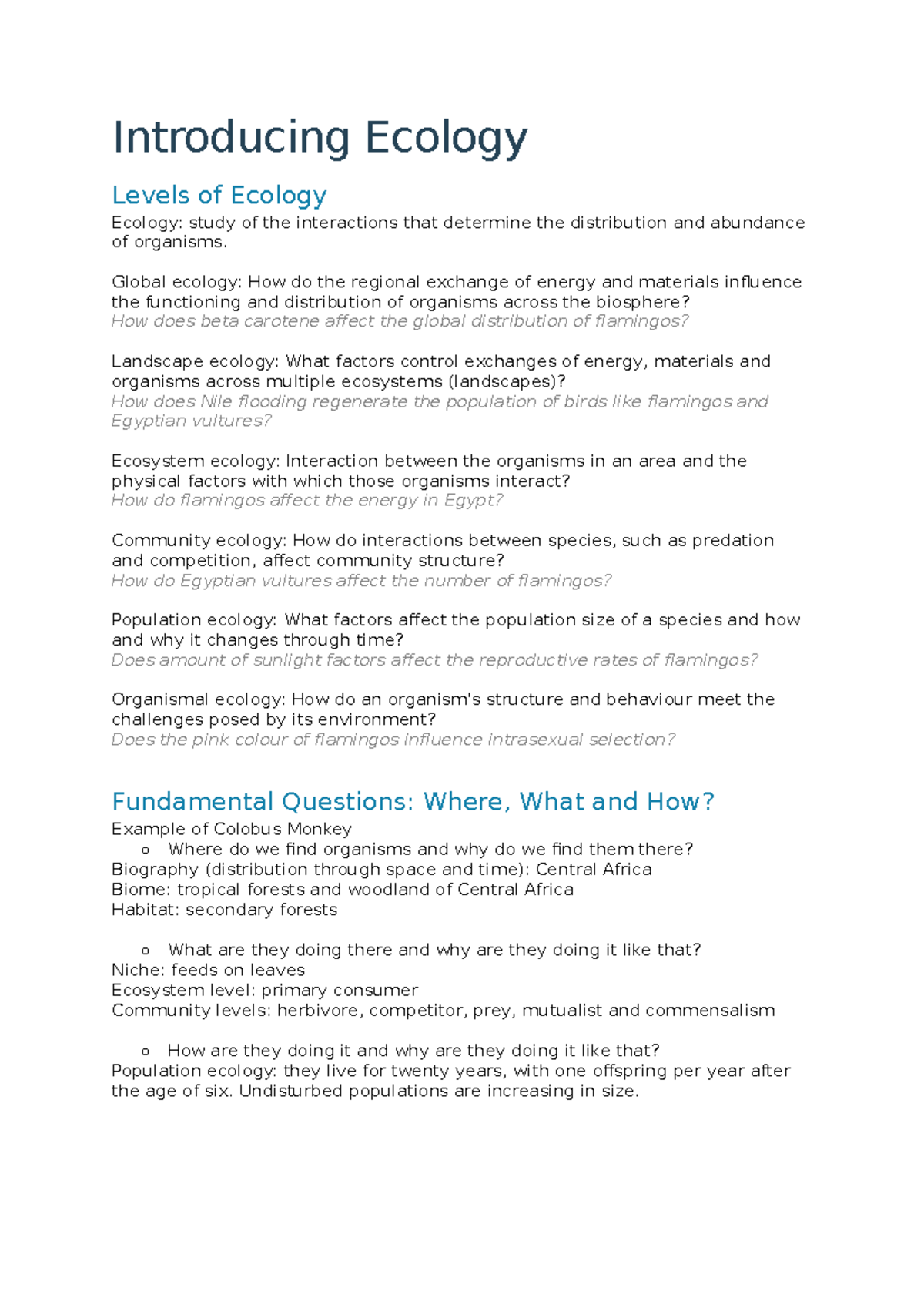 Lecture notes, ecology - Introducing Ecology Levels of Ecology Ecology ...