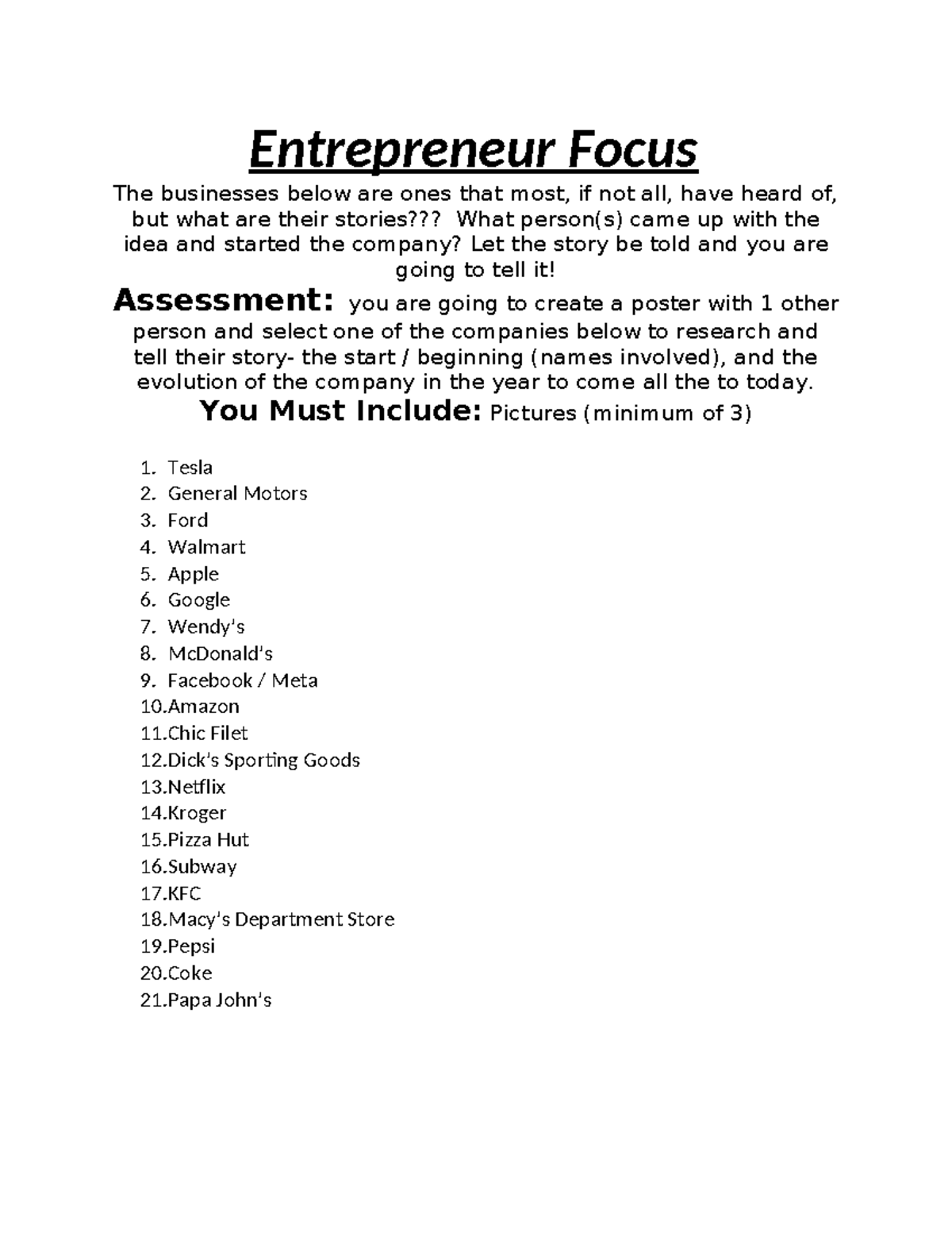 Entrepreneur project - Entrepreneur Focus The businesses below are ones ...