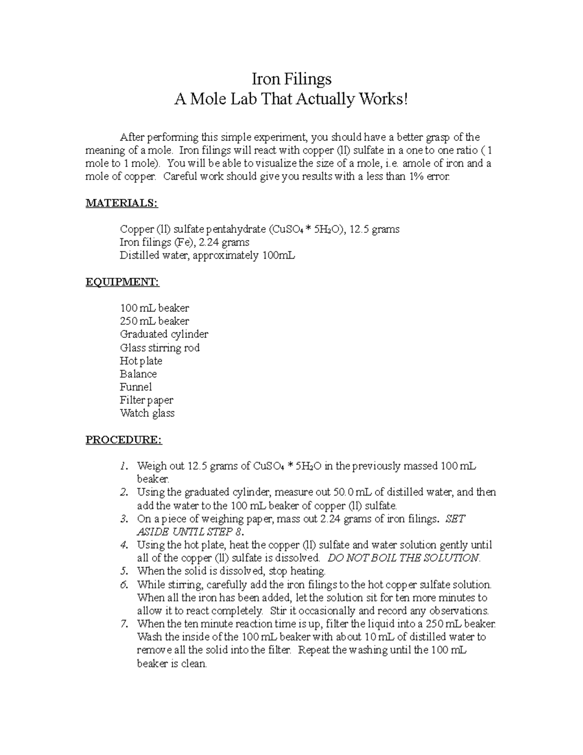 Mole Ratio Lab (Iron Filings Lab) One day at a time The next karate kid ...