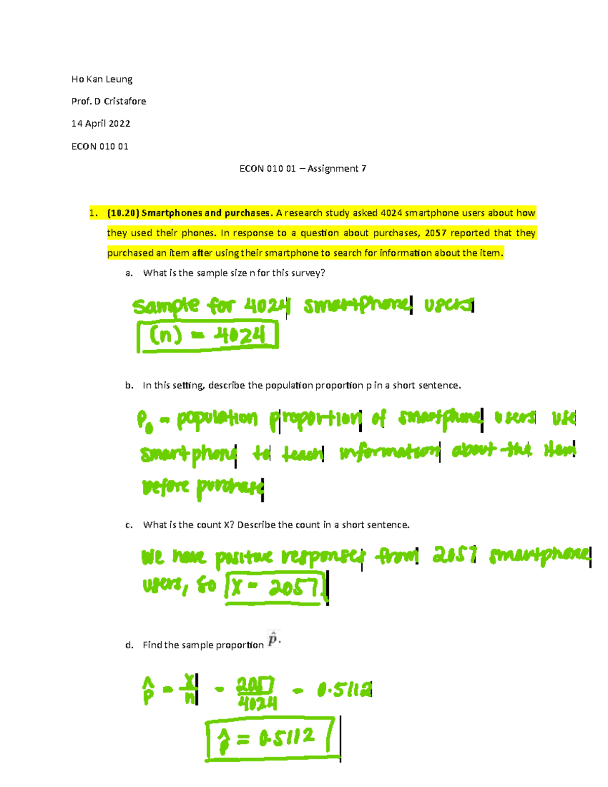 Assignment 7 - ECON 010 - homework for the course - Ho Kan Leung Prof ...