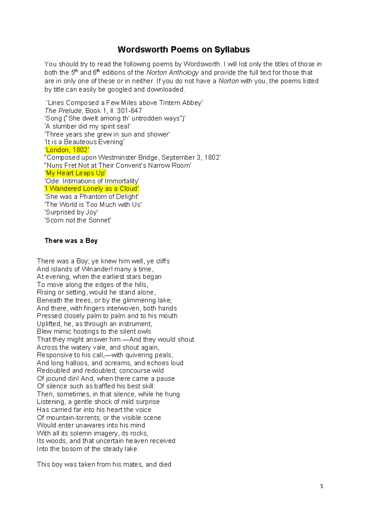 Wordsworth Poems on Syllabus - I will list only the titles of those in ...