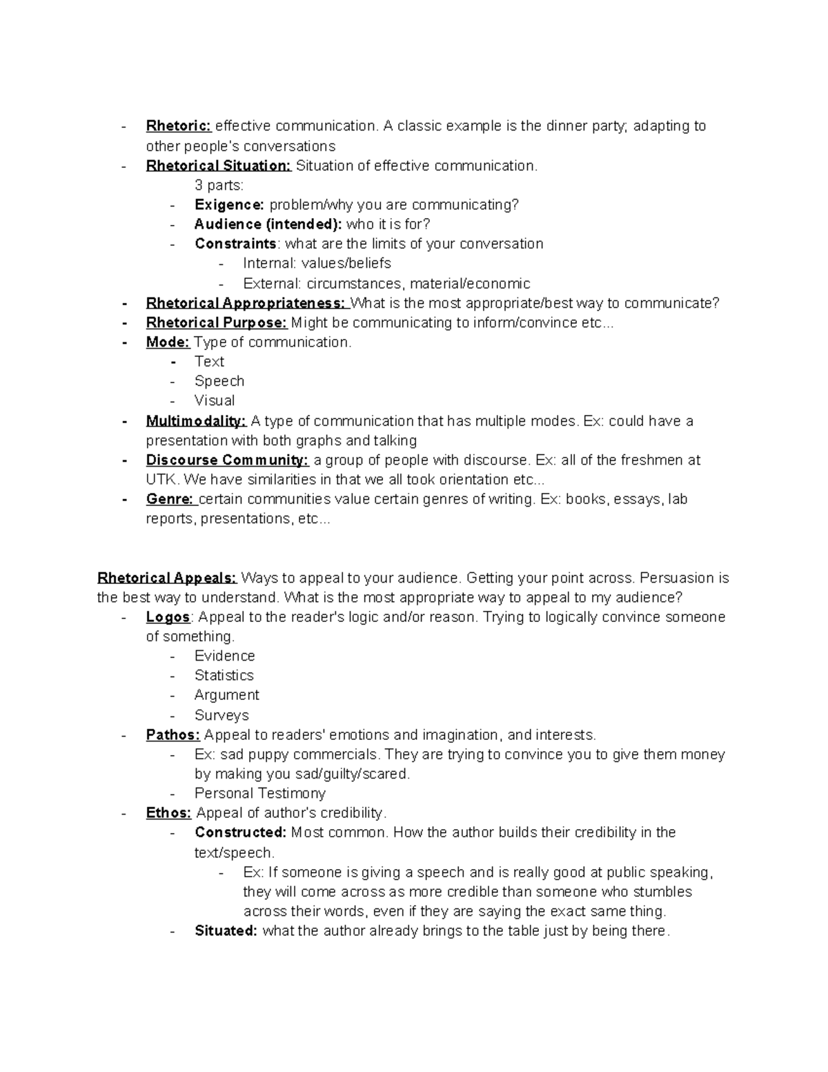 English 101 Notes - Rhetoric: effective communication. A classic ...