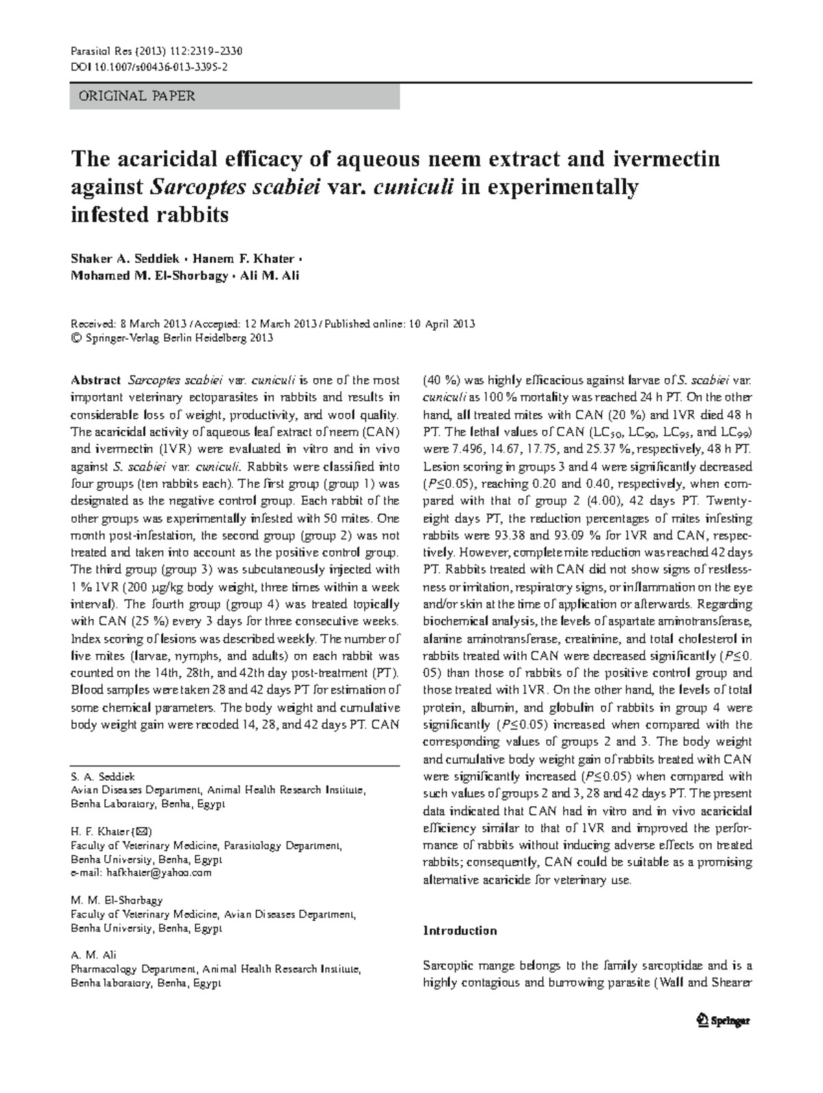 2. The acaricidal efficacy of aqueous neem extract and ivermectintra ...