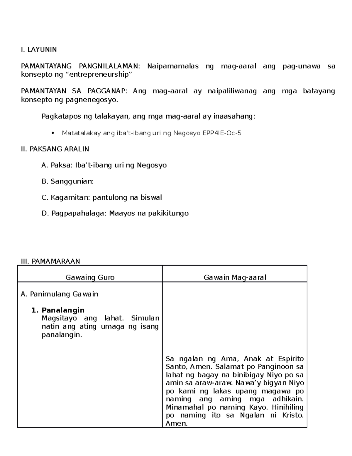 EPP- Lesson PLAN - I. LAYUNIN PAMANTAYANG PANGNILALAMAN: Naipamamalas ...