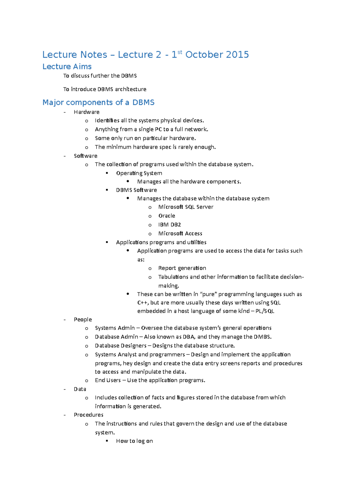 Database Management System Introduction Lecture Notes Lecture 2 1st October 2015 Lecture 2756