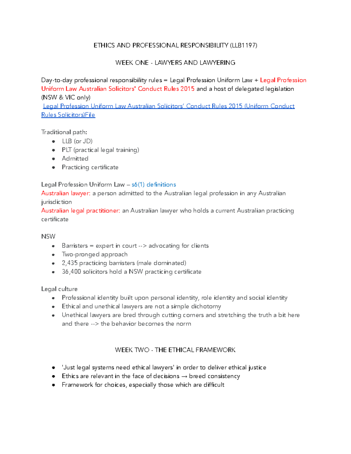 Ethics AND Professional Responsibility (LLB1197) wks 1-3 - ETHICS AND ...