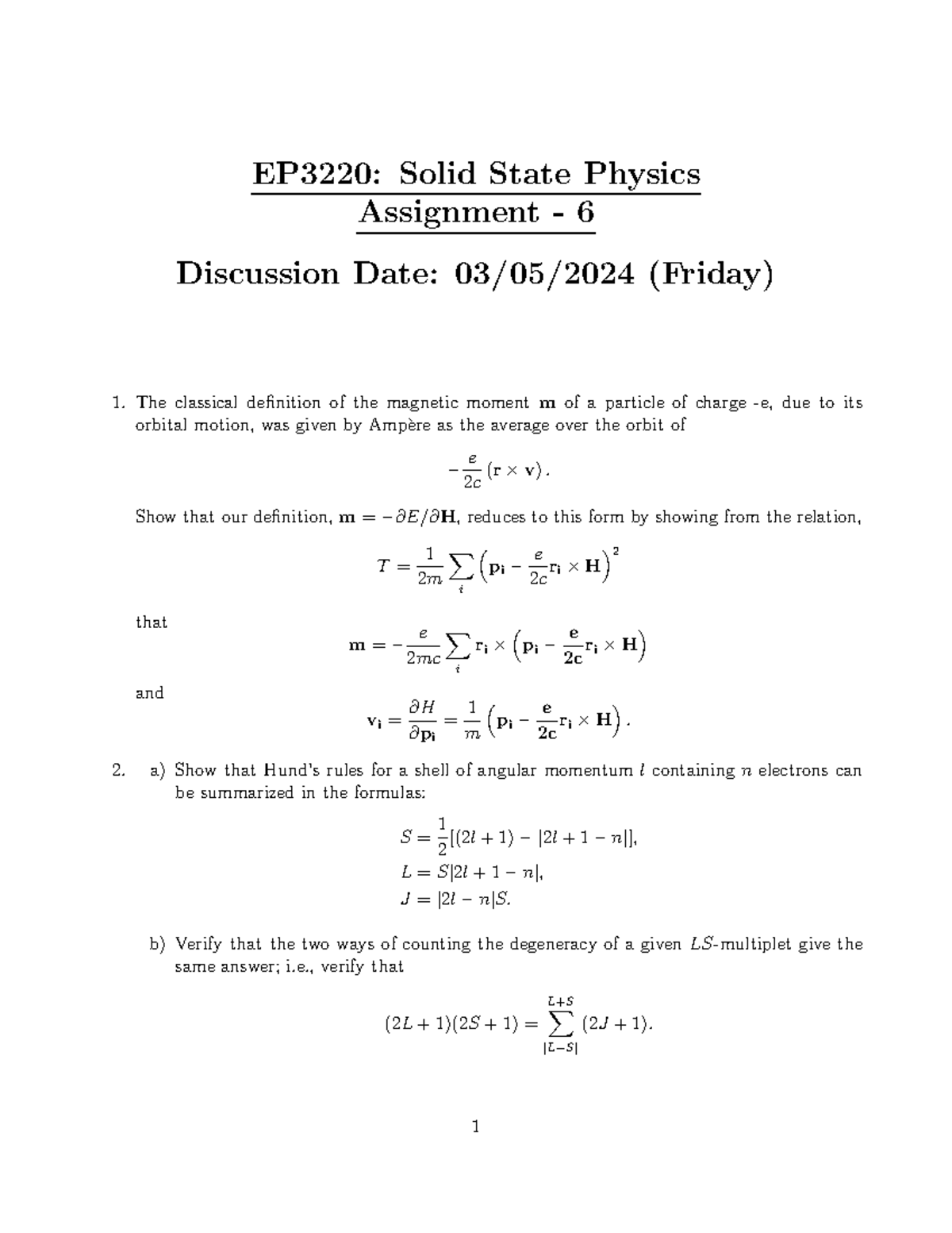 EP3220 Assignment 6 - this has questions on superconductivity - EP3220: Solid State Physics ...