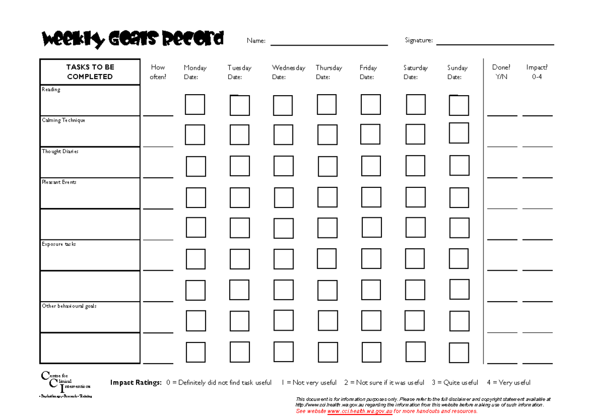 Depression Worksheet - 04 - Weekly Goals Record - TASKS TO BE COMPLETED ...