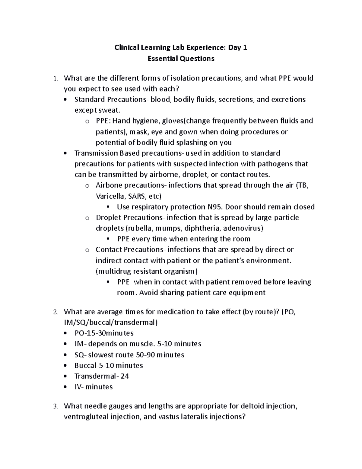 Casal I Lab Day 1 Questions - Clinical Learning Lab Experience: Day 1 ...