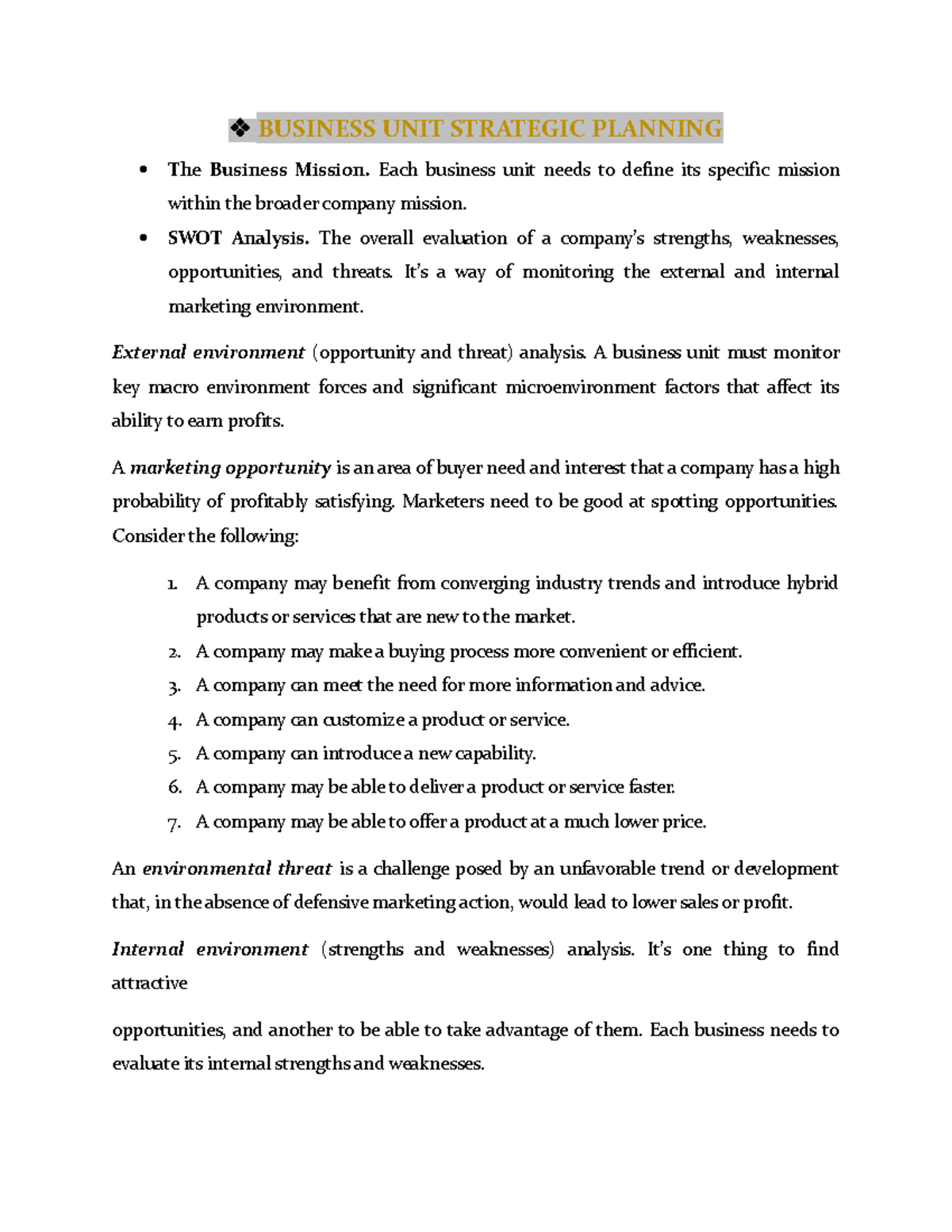 Business UNIT Strategic Planning - BUSINESS UNIT STRATEGIC PLANNING The ...