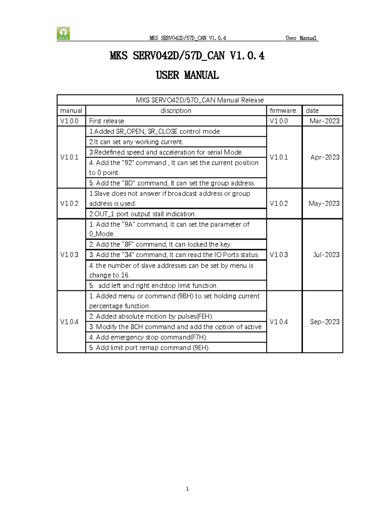 MKS Servo 4257D CAN User Manual V1 - MKS SERVO42D/57D_CAN V1. 0. 4 USER MANUAL MKS SERVO42D/57D ...