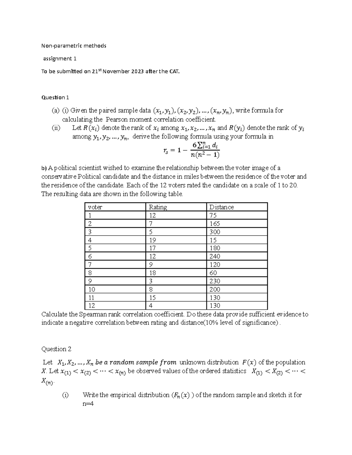 Non-parametric Assignment 231108 081109 - Non-parametric methods assignment 1 To be submitted on ...