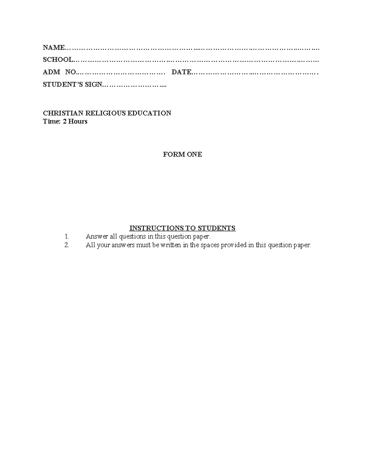 CRE-FORM-ONE-Q-Teacher co ke - - Studocu