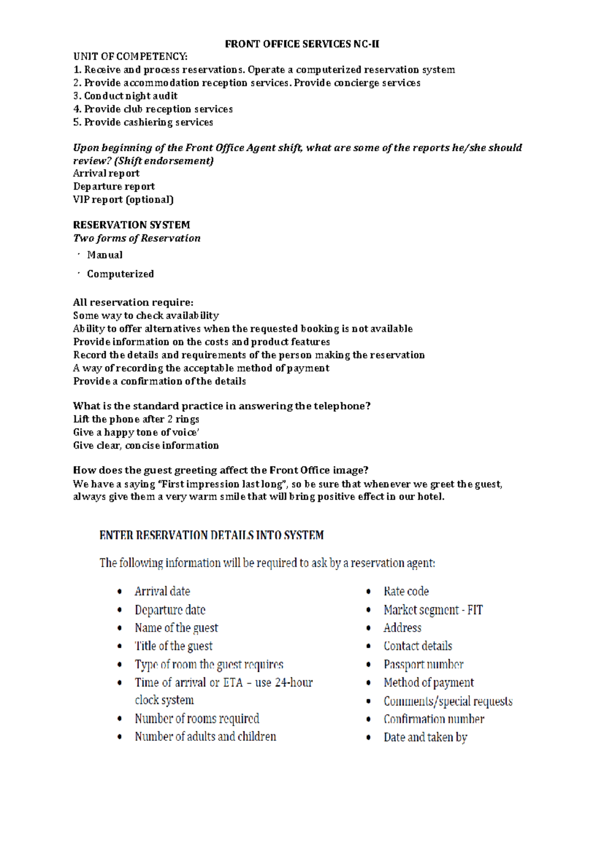 Front Office Services NC - FRONT OFFICE SERVICES NC-II UNIT OF ...