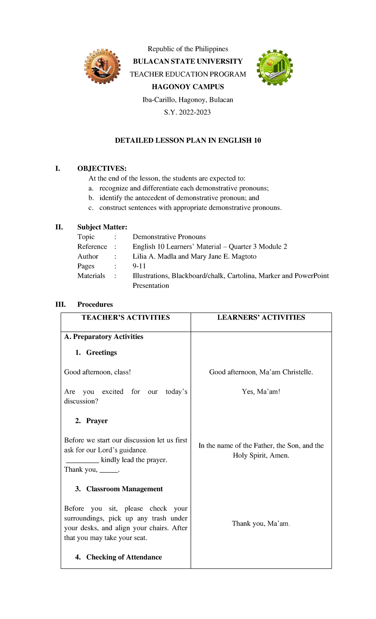 detailed lesson plan for demonstrative pronouns - Republic of the Philippines BULACAN STATE ...
