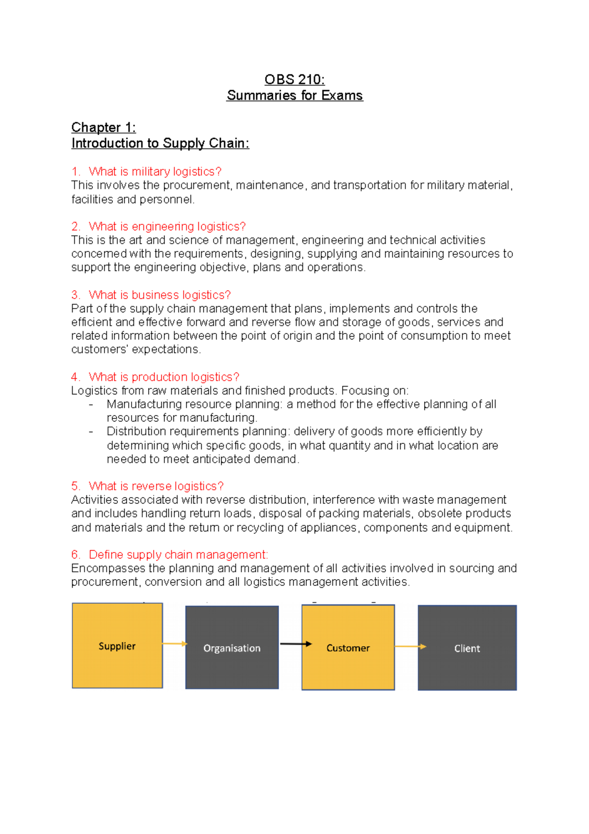 Full OBS 210 Summary - OBS 210: Summaries for Exams Chapter 1: Introduction to Supply Chain: 1 ...