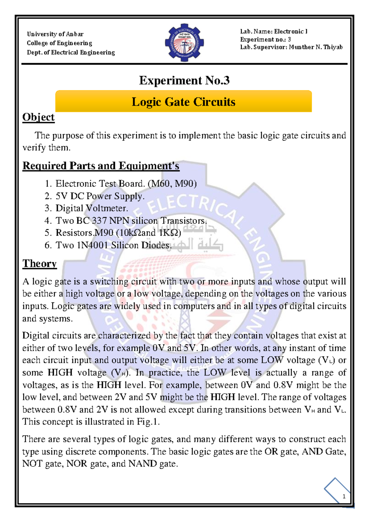 Experiment 3 - University of Anbar College of Engineering Dept. of ...
