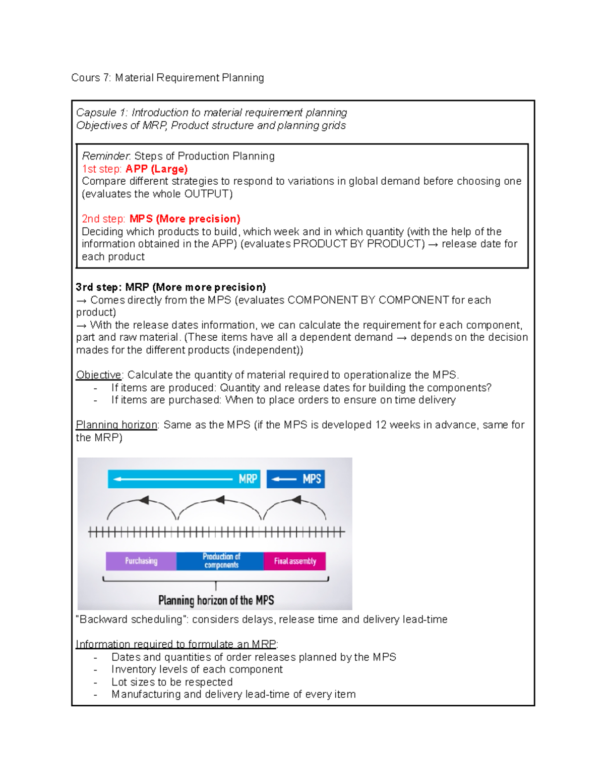 Summary (Class 7): Material Requirement Planning (MRP) - Cours 7 ...