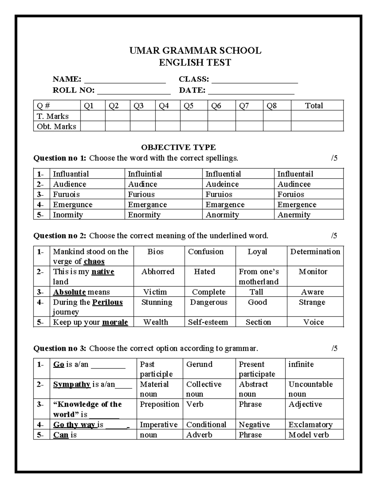 English test class 9 - UMAR GRAMMAR SCHOOL ENGLISH TEST NAME ...