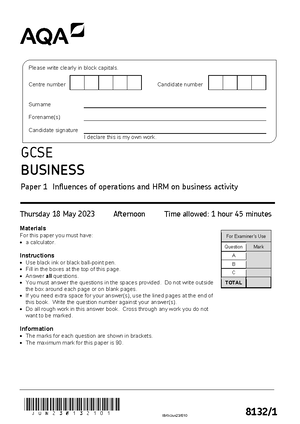 GCSE Business AQA Paper 2 Influences of marketing and finance on business activity - June 2023 ...