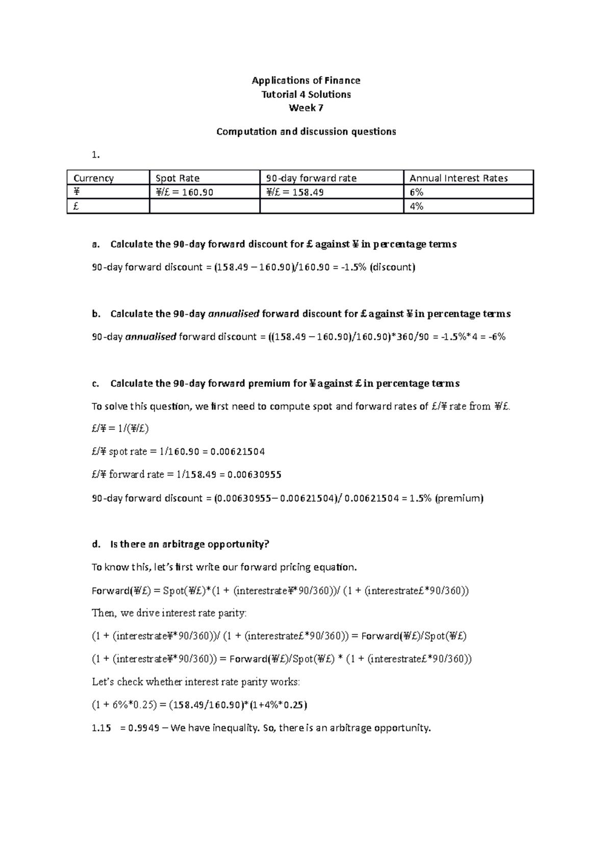Ao F Tutorial 4 Solutions - Applications of Finance Tutorial 4 Solutions Week 7 Computation and ...
