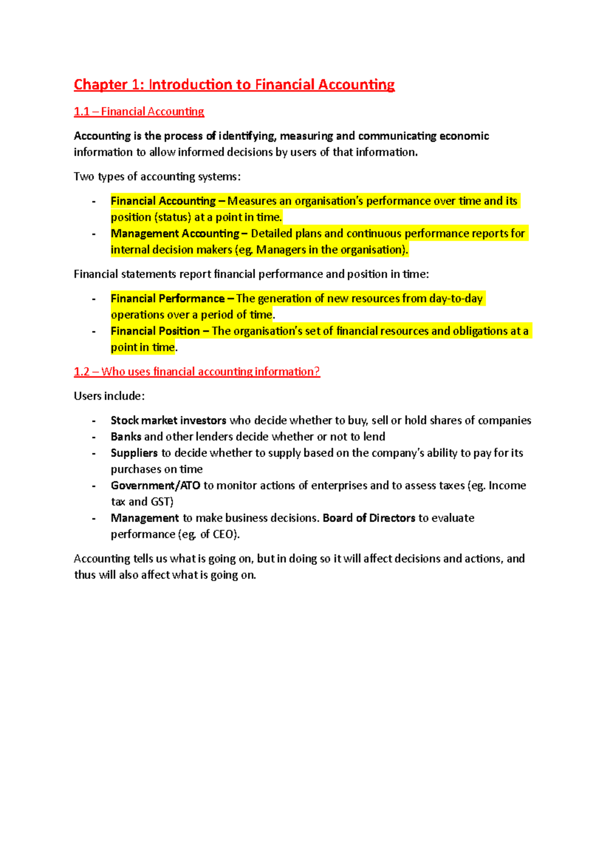 ACCT1501 Notes - Chapter 1: Introduction to Financial Accounting 1 ...