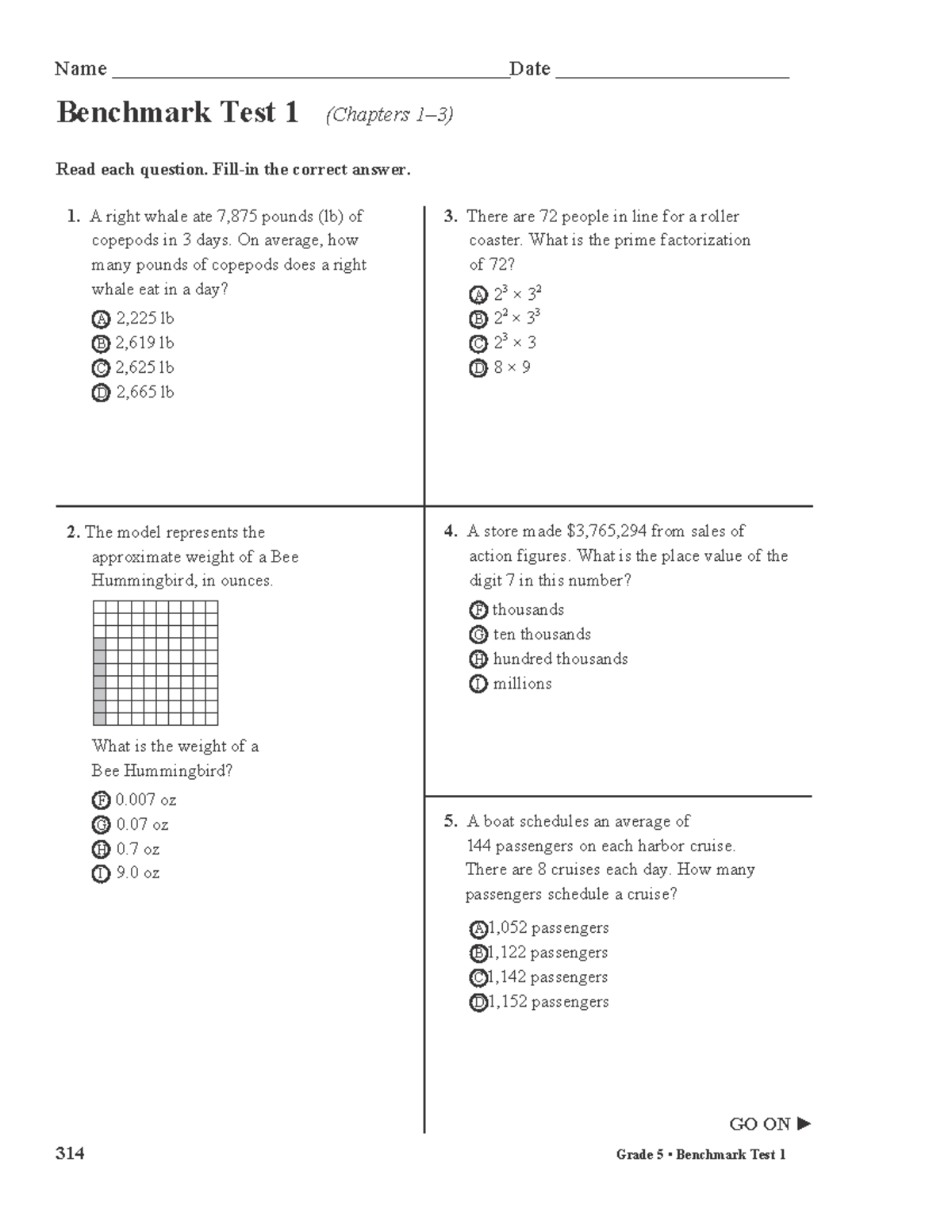 Grade 5 Chapters 1-3 Worksheets - Benchmark Test 1 (Chapters 1–3) Read ...