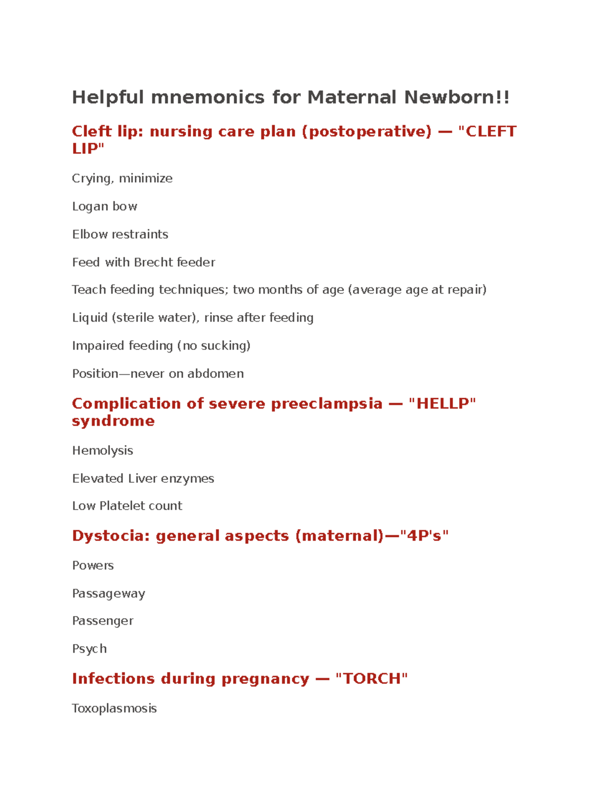 Nclex Study Notes 1 - nothing - Helpful mnemonics for Maternal Newborn ...