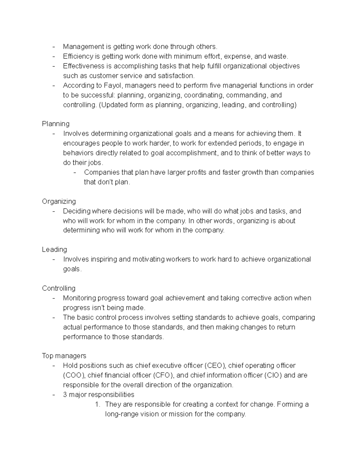 MHR 3010 Ch - Notes taken during lecture for Chapter 1 - Management is ...