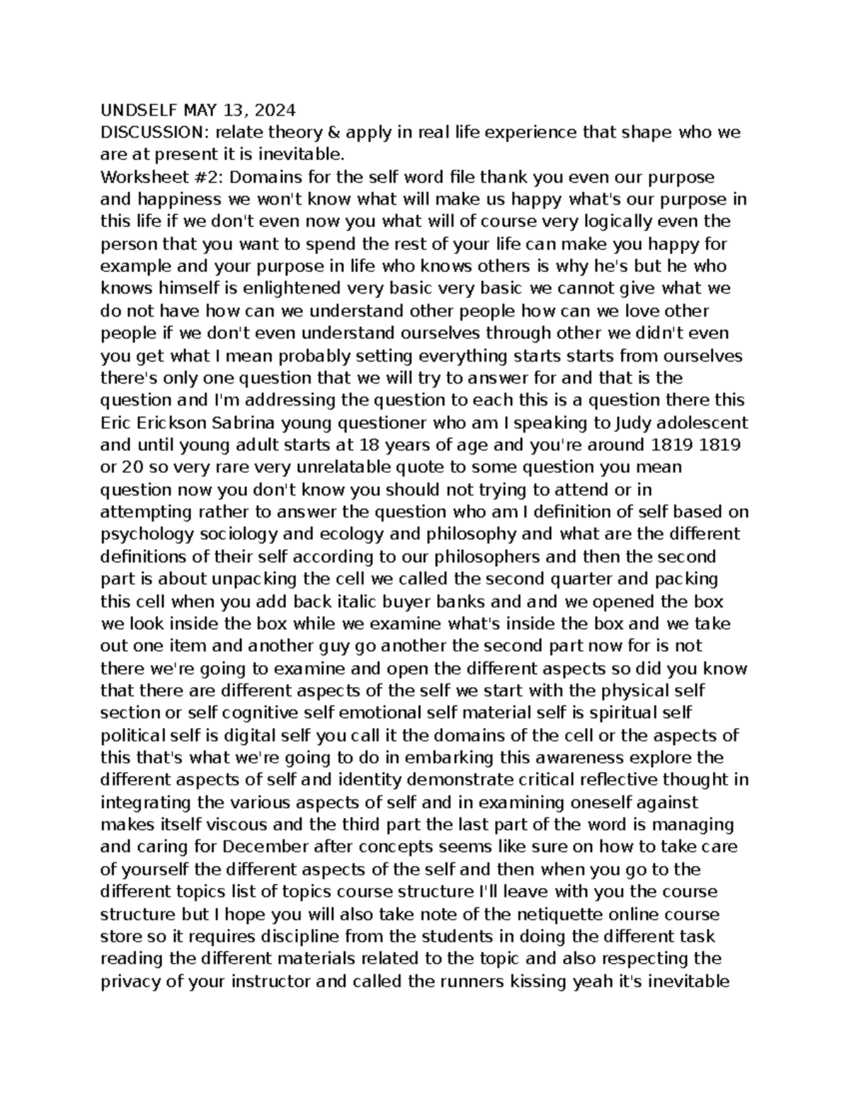 3rd term notes - Understanding self - UNDSELF MAY 13, 2024 DISCUSSION ...