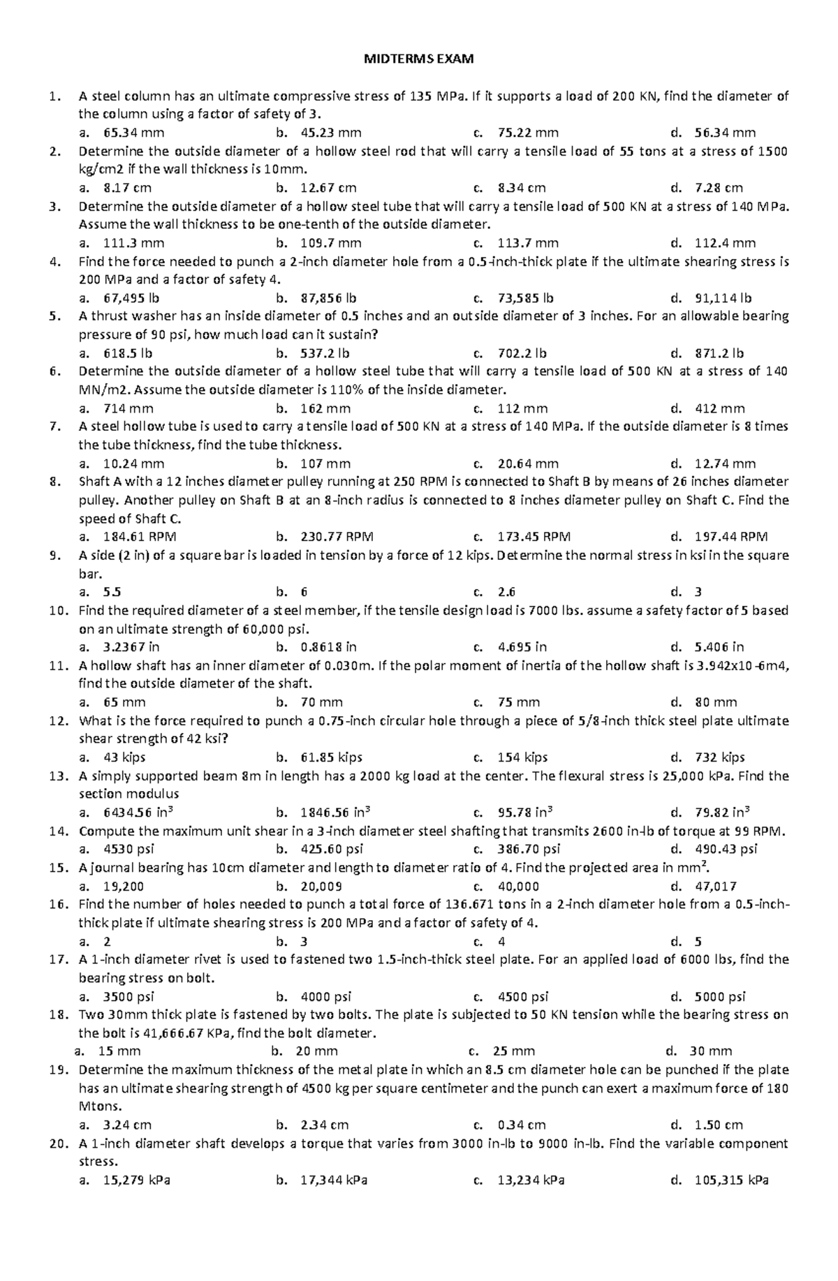 Midterms-EXAM - mech - MIDTERMS EXAM A steel column has an ultimate ... Midterms-EXAM - mech - MIDTERMS EXAM A steel column has an ultimate ...