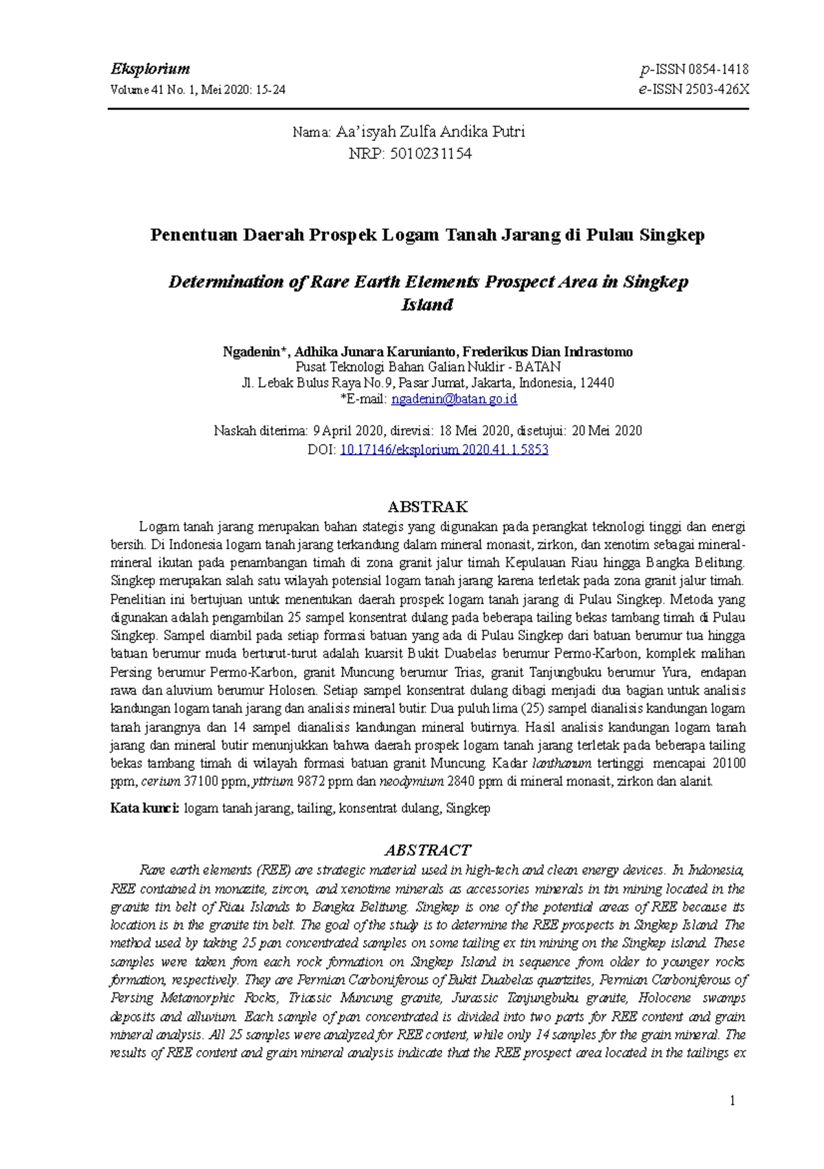 Jurnal tanah jarang - tugas - Eksplorium Volume 41 No. 1, Mei 2020: 15- p-ISSN 0854- e-ISSN ...